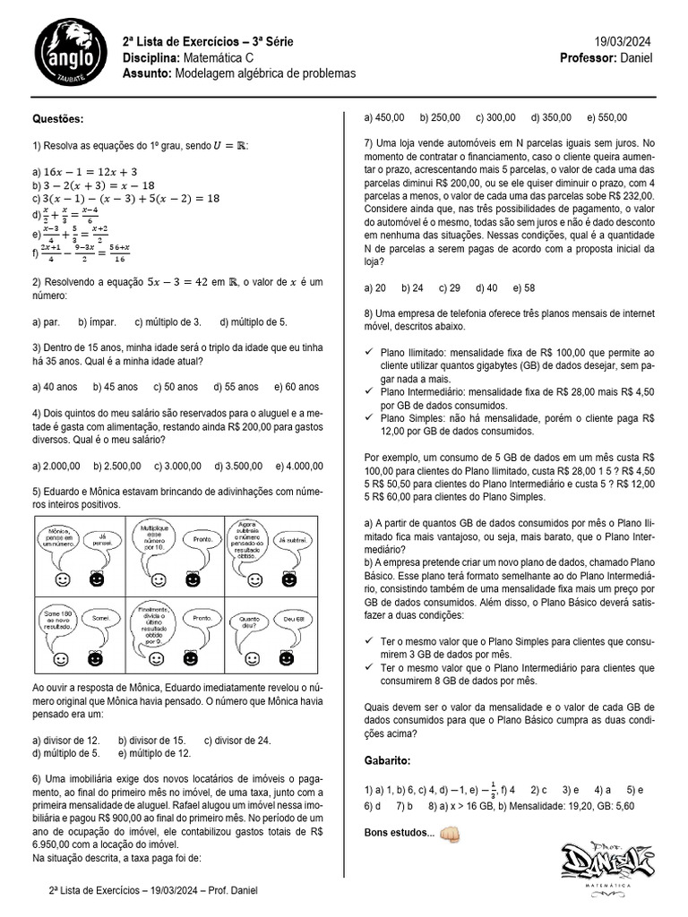 Lista de Exerc-Cios 02 - Modelagem Algébrica de Problemas | PDF ...