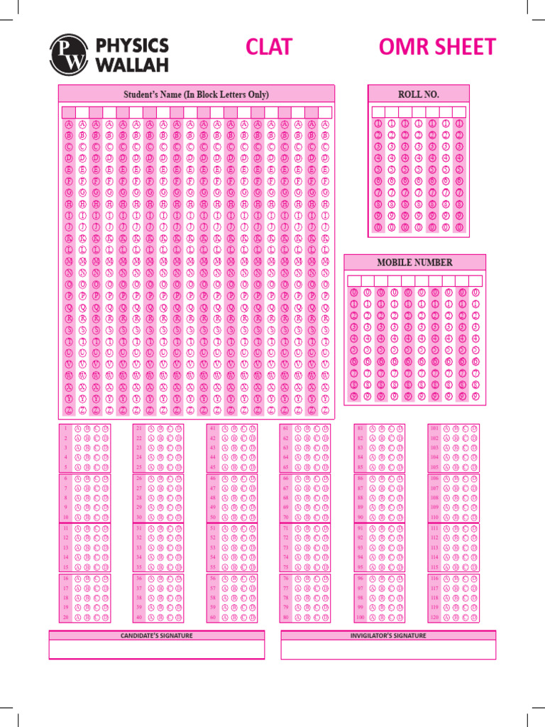 Omr Sheet Clat: Roll No. Student's Name (In Block Letters Only) | PDF