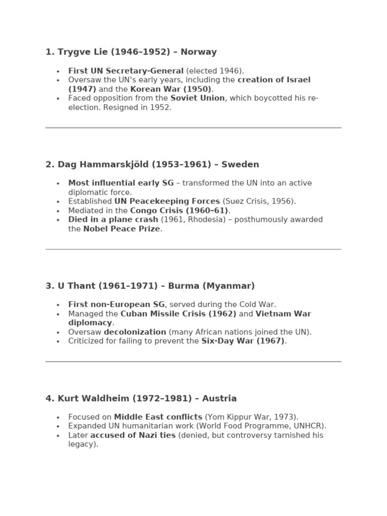 Brief History of Un General Secretaries | PDF | United Nations ...