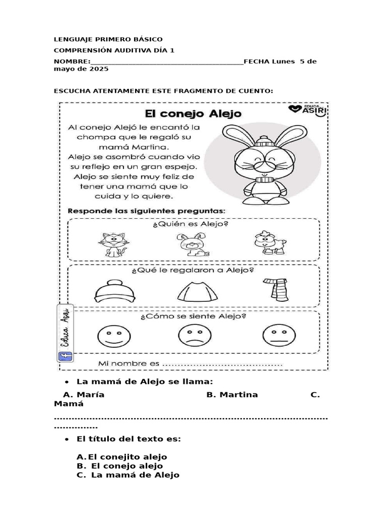 Comprensión Lectora: El Conejo Alejo | PDF