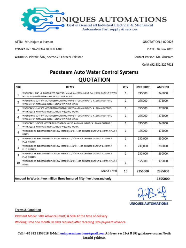 Padsteam Auto Water Control Systems Quotation Naveena Denim 02-06-2025 ...