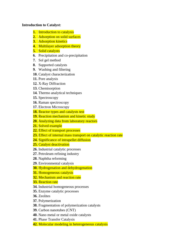 Introduction To Catalyst List of | PDF