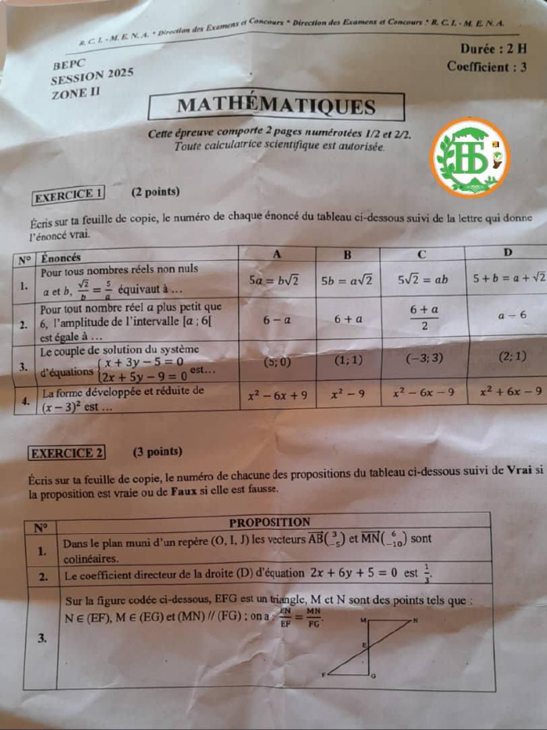 Preuve de Mathématiques - BEPC 2025 - Zone 2 - Côte D'ivoire | PDF
