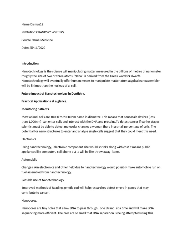 Discuss Future Impact of Nanotechnology in Dentistry - in 4pages, Apa ...