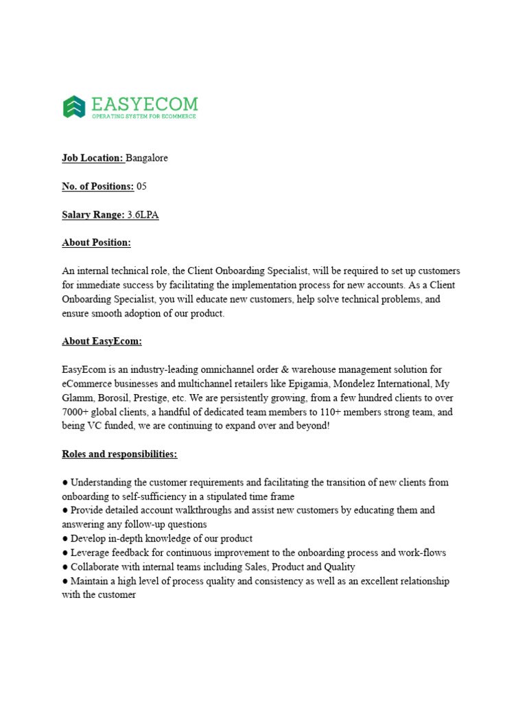 JD For Client Onboarding Specialist Freshers | PDF