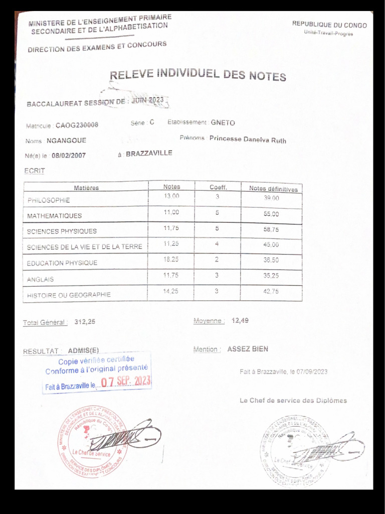 Releve Individuel Des Notes | PDF