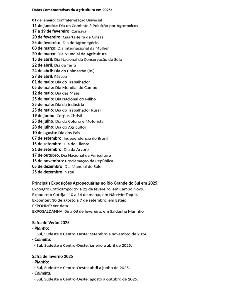 Datas Comemorativas Agro 2025 | PDF