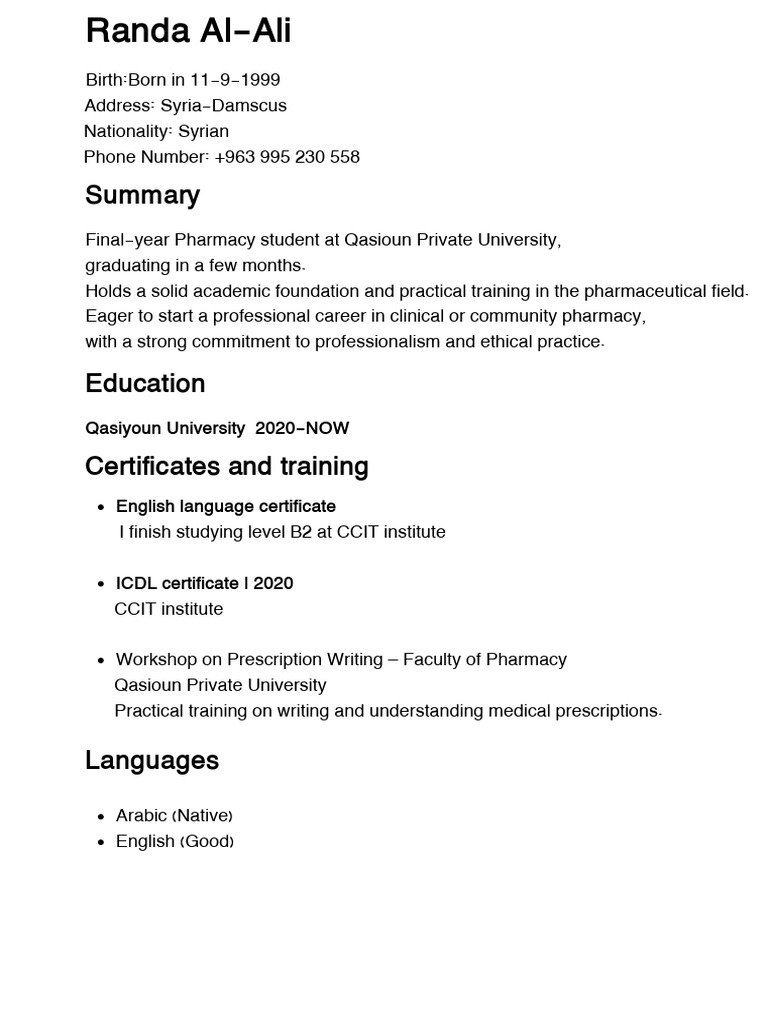 Final-Year Pharmacy Student Profile | PDF