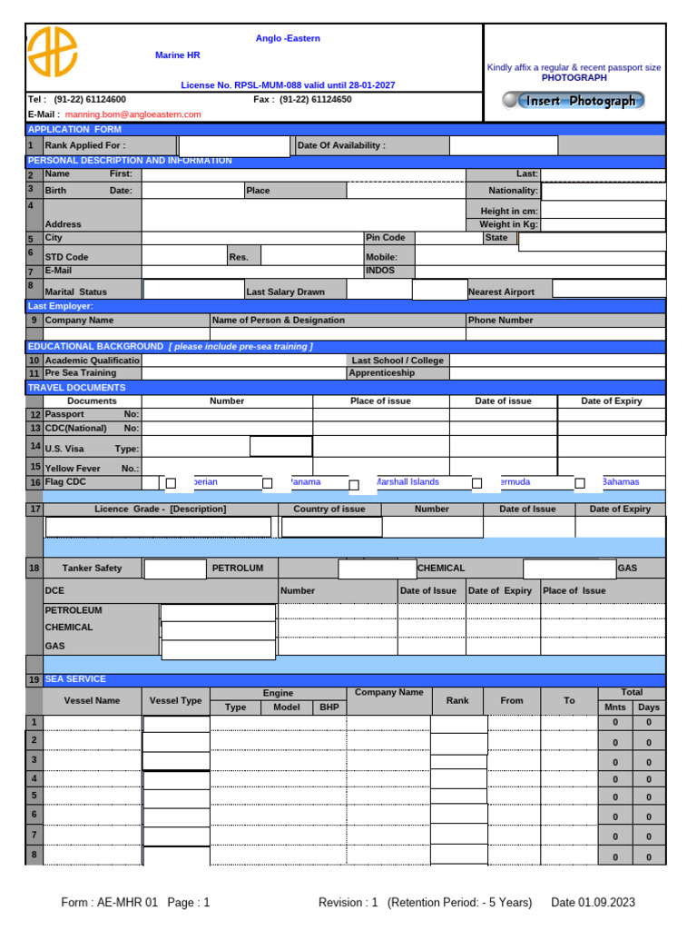 Anglo-Eastern Marine HR Application Form | PDF | Oil Tanker | Freight ...