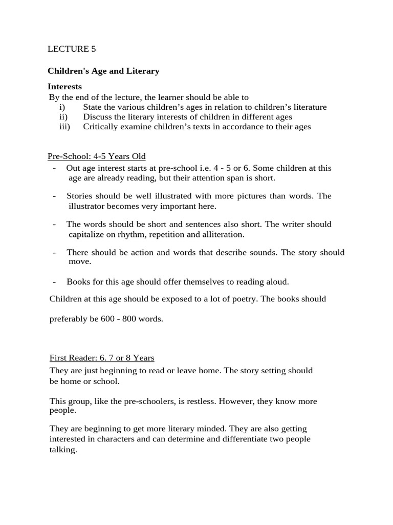 LECTURE 5 Childrens Age and Literary | PDF | Poetry | Writing