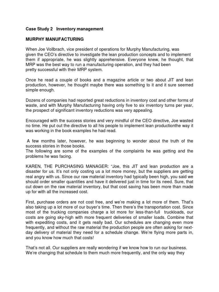 Case Study Murphy Inventory MGT | PDF | Lean Manufacturing | Inventory