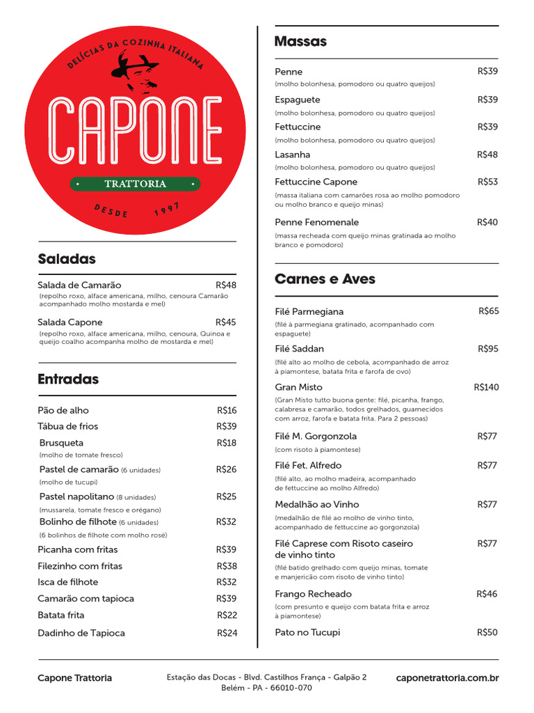 Menu do Capone Trattoria | PDF | Queijo | Alimentos