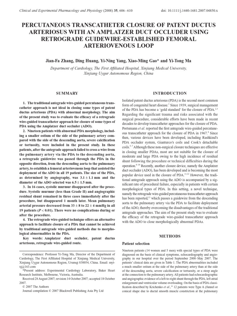 Grade Wire-Guided Closure of Pda J-F Zhang Et Al. Percutaneous ...