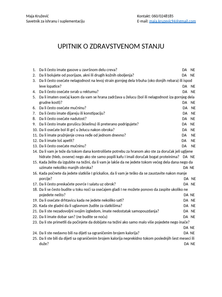 Upitnik o Zdravstvenom Stanju | PDF