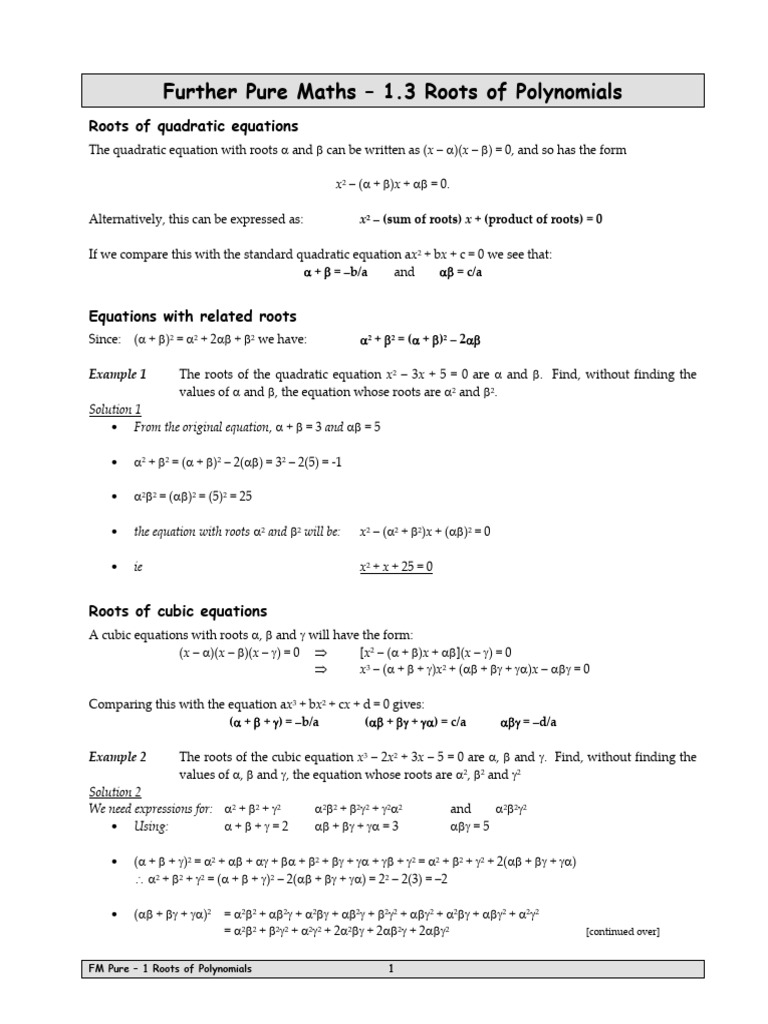 Further Math - A Level - Roots of Polynomials - Notes & Worksheet | PDF ...