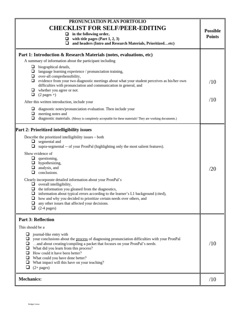 Pronunciation Plan Portfolio Checklist-2 | PDF | Communication | Psychology