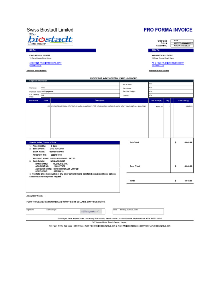 Proforma Invoice For Kano Medical Centre | PDF | Pro Forma