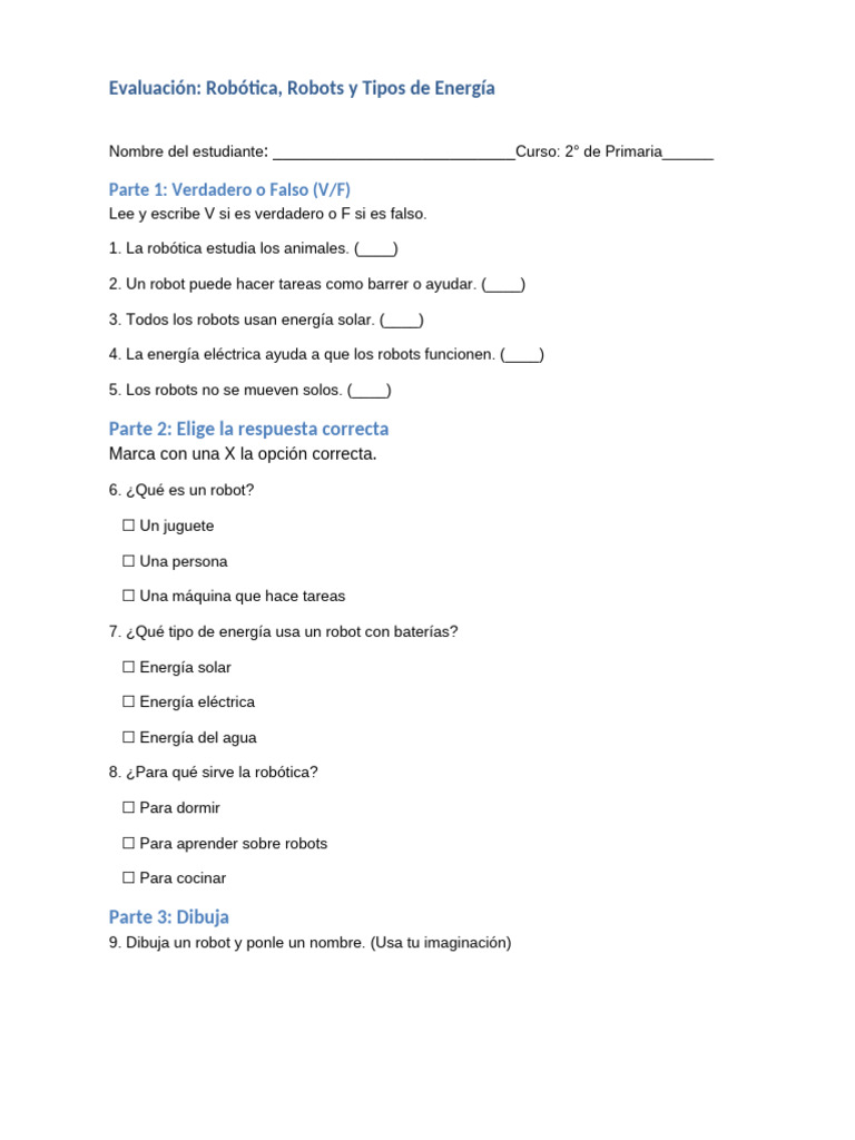 Evaluacion Robotica Segundo Primaria | PDF
