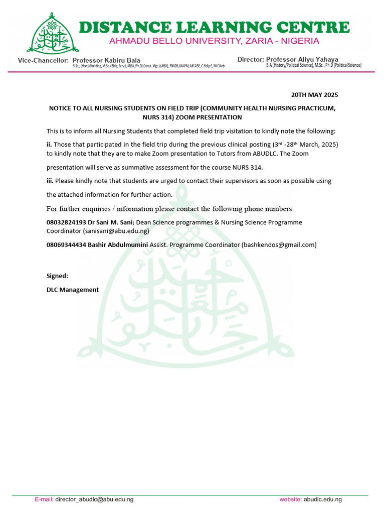 Nursing Students' Zoom Presentation Notice | PDF