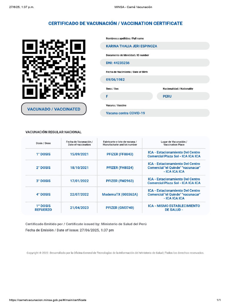 MINSA - Carné Vacunación | PDF