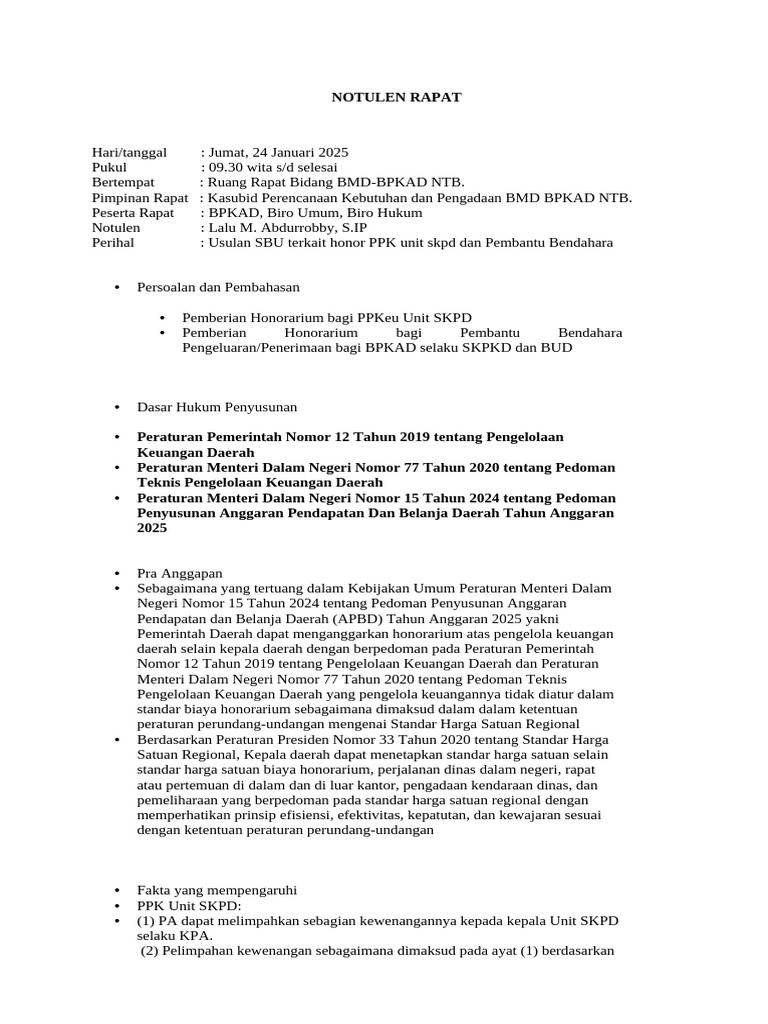 Notulensi Rapat Usulan SBU JANUARI 2025 | PDF