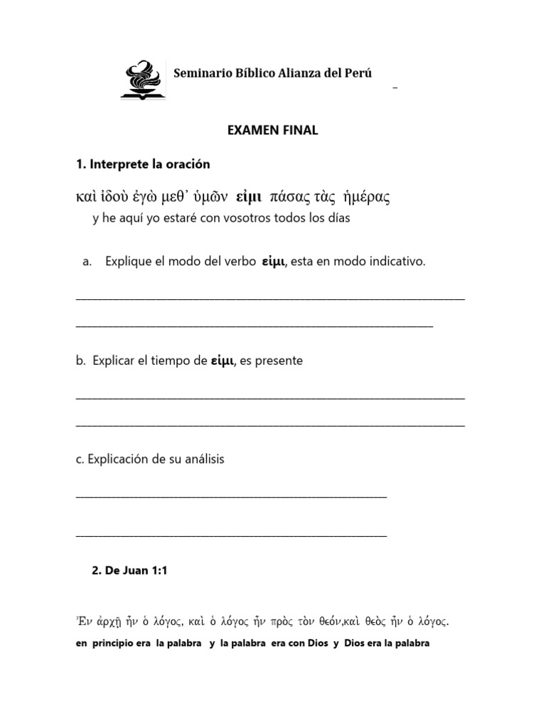 Examen Final Seminario Bíblico Perú | PDF