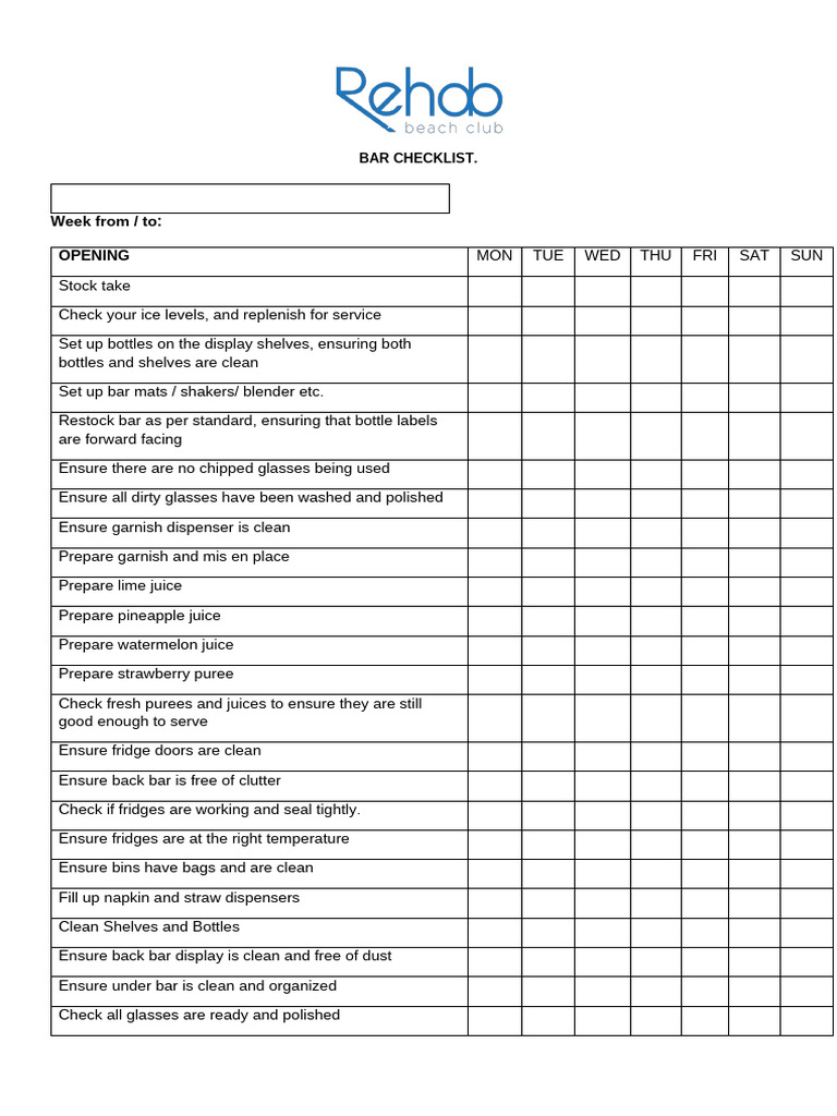 Weekly Bar Operations Checklist | PDF