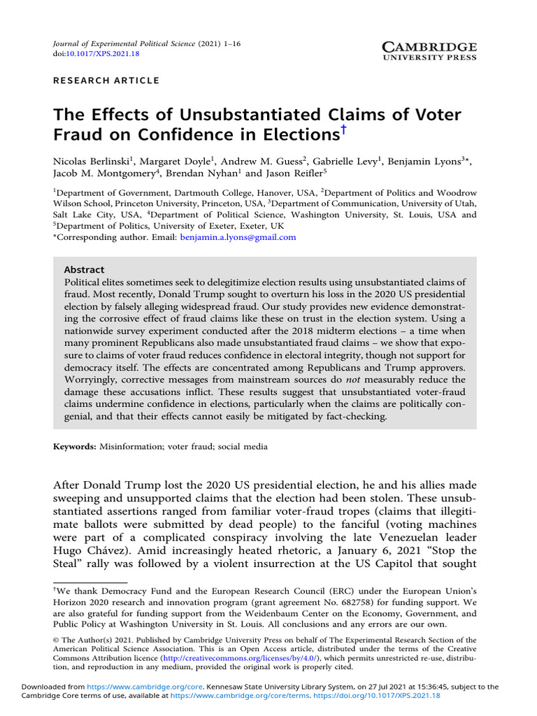 WK05 - Berlinski Et Al - The Effects of Unsubstantiated Claims of Voter ...