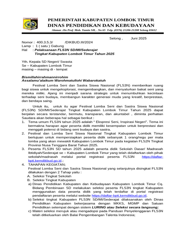 Surat Pelaksanaan FLS3N SD TAHUN 2025 | PDF