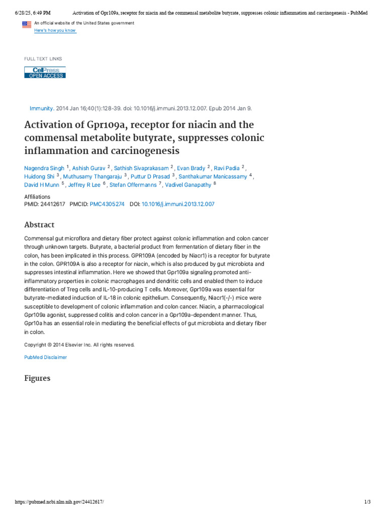 Activation of Gpr109a, Receptor For Niacin and The Commensal Metabolite ...