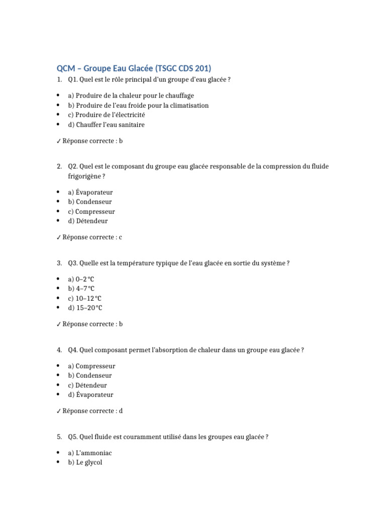 QCM sur le Groupe Eau Glacée TSGC CDS 201 | PDF