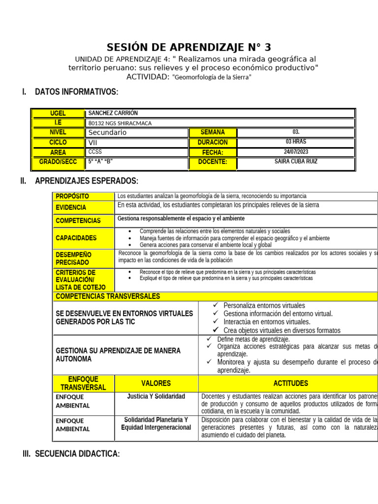 Sesion CCSS 5° Sec-Semana 03 | PDF | Aprendizaje | Maestros