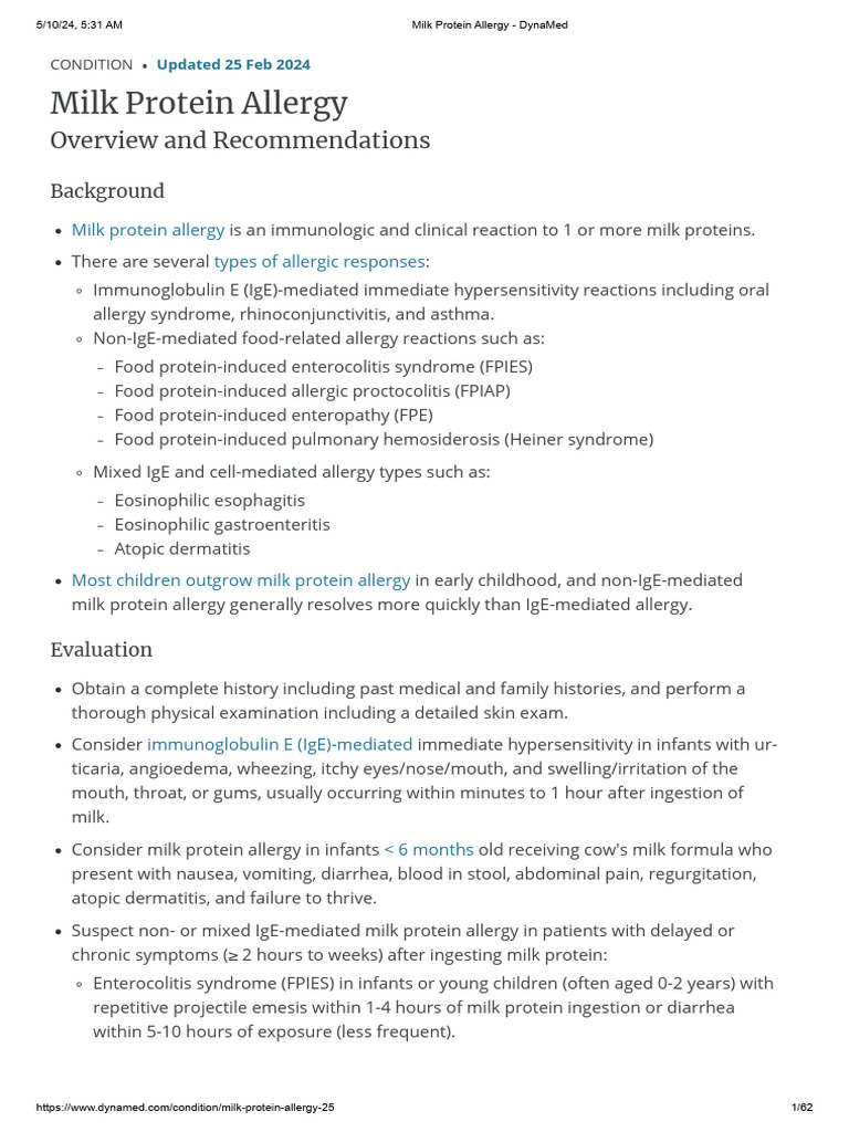 Milk Protein Allergy - DynaMed | PDF | Allergy | Food Allergy