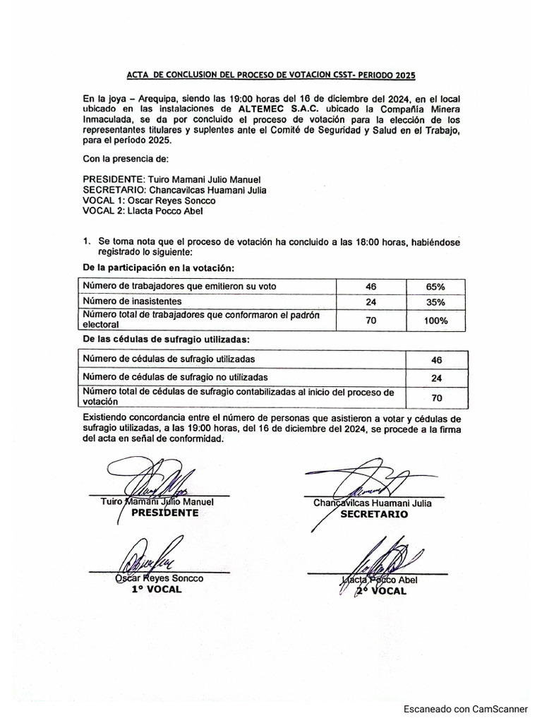 Acta de Conclusión de Elecciones Del CSST 2025 | PDF