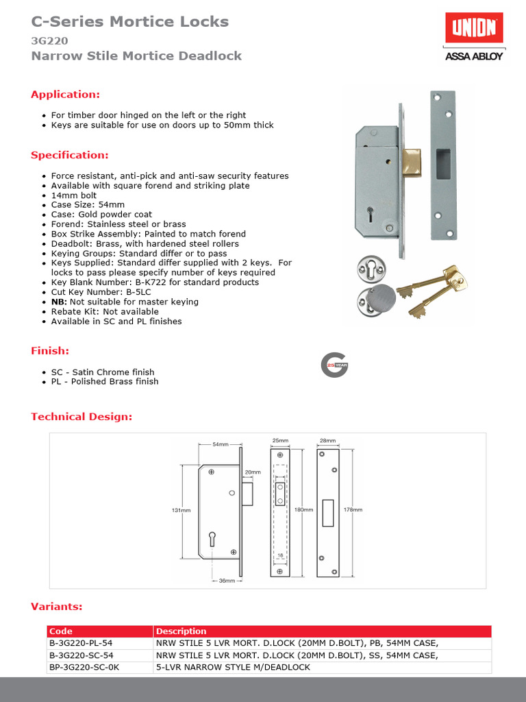 C Series Mortice Locks: Narrow Stile Mortice Deadlock | PDF