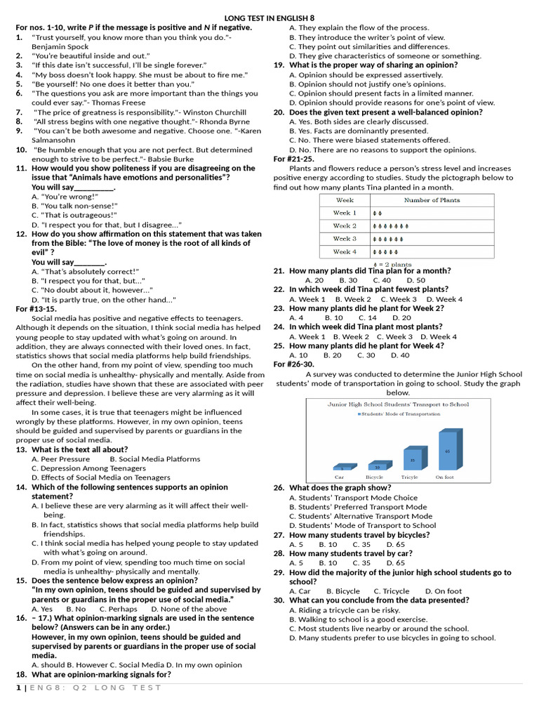 2425 q2 Long Test in English 8 | PDF | Adolescence | Cash