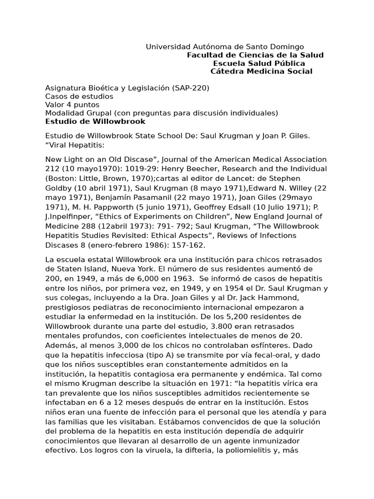 Caso Unidad 5 Caso de Willowbrook | PDF | Infección | Hepatitis
