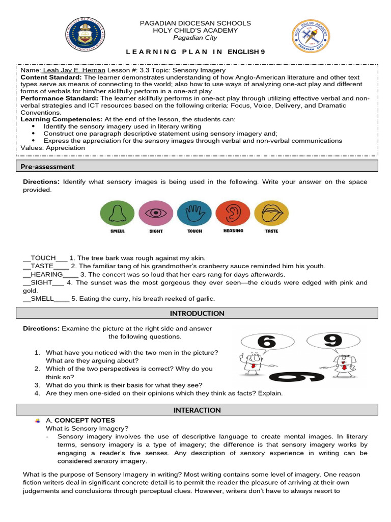 Lesson 3.3 Topic - Sensory Imagery | PDF | Senses | Taste