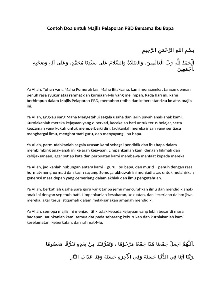 Doa Untuk Majlis Pelaporan PBD Bersama Ibu Bapa | PDF