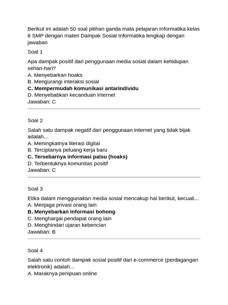 Soal Dampak Sosial Informatika Lengkap Dengan Jawaban | PDF