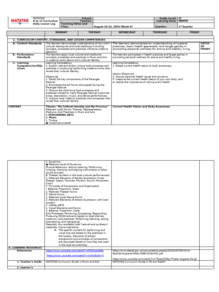 Matatag DLL Week 4 Mapeh G4 | PDF | Sound | Senses