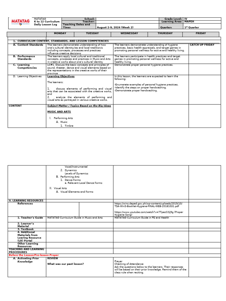 Matatag DLL Week 2 Mapeh G4 | PDF | Hygiene | Curriculum