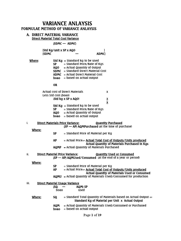 Comprehensive Formulae of Variance Analysis | PDF | Prices | Cost