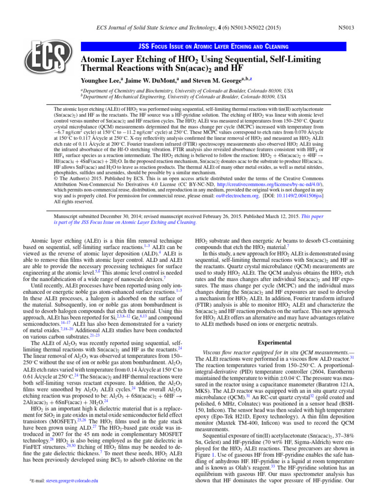 Atomic Layer Etching of HfO2 Using Sequential, Self-Limiting Thermal Reactions With SN (Acac) 2 ...