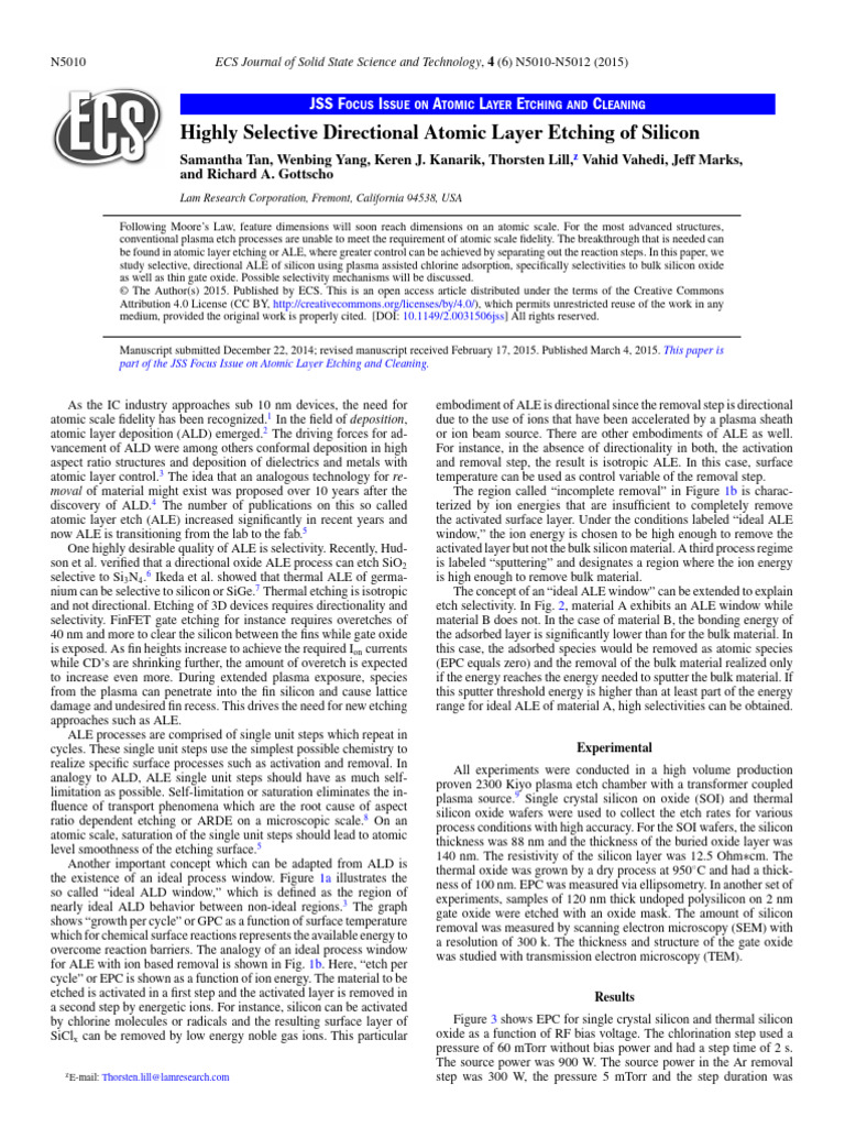 Highly Selective Directional Atomic Layer Etching of Silicon | PDF | Sputtering | Transmission ...