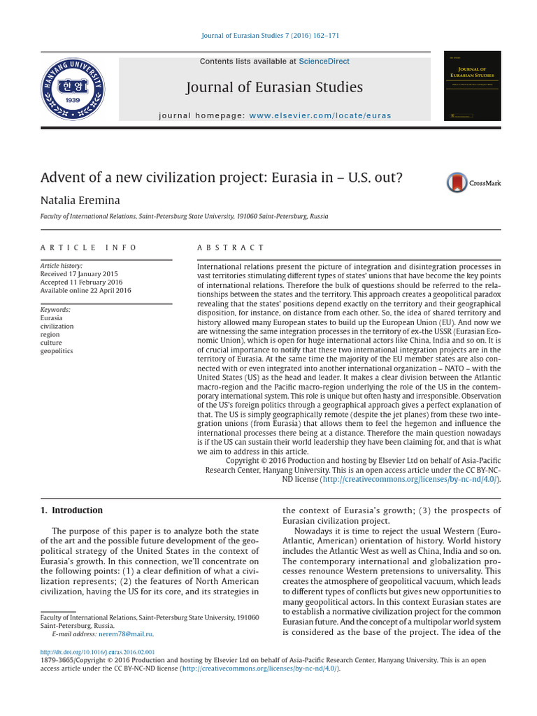 Advent of A New Civilization Project Eurasia in 2016 Journal of ...
