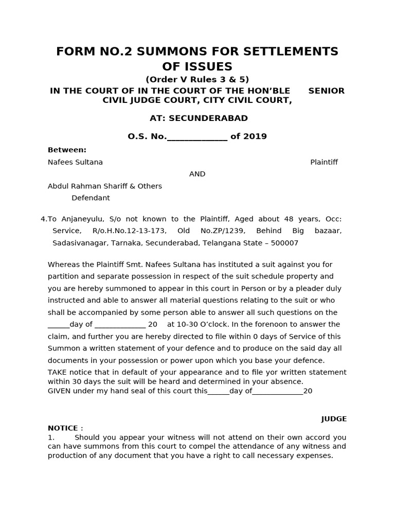 Summons for Settlement of Issues | PDF