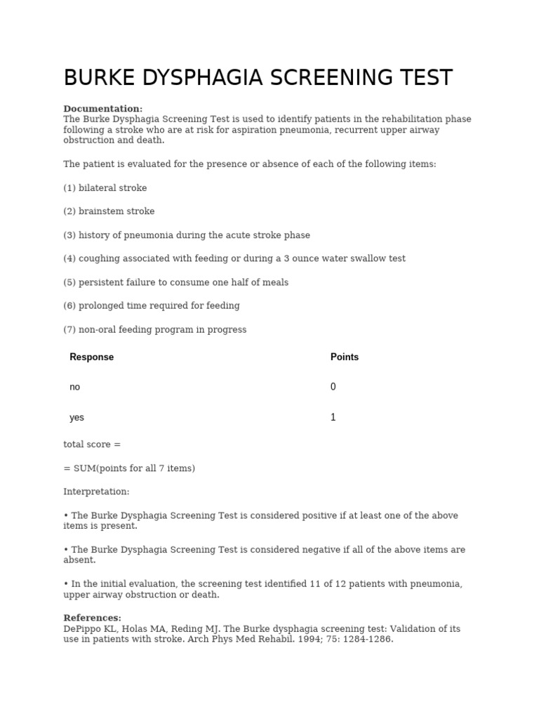 Burke Dysphagia Screening Test | PDF