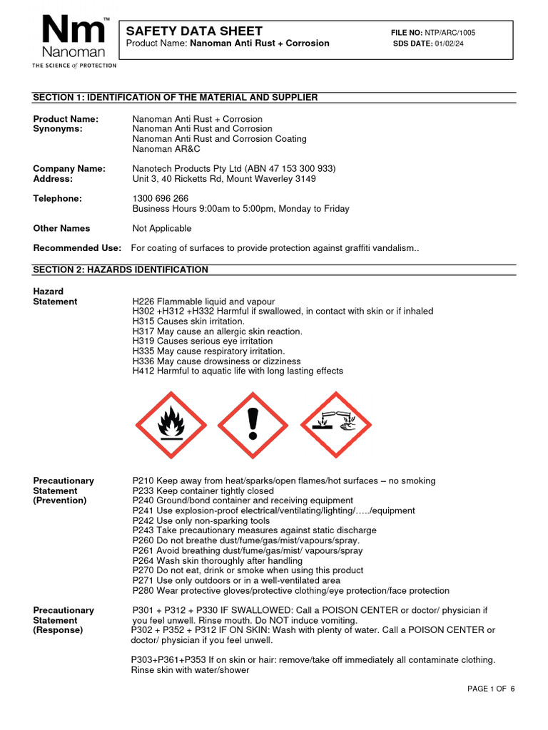 SDS 43a Nanoman Anti-Rust Corrosion Rev2 | PDF