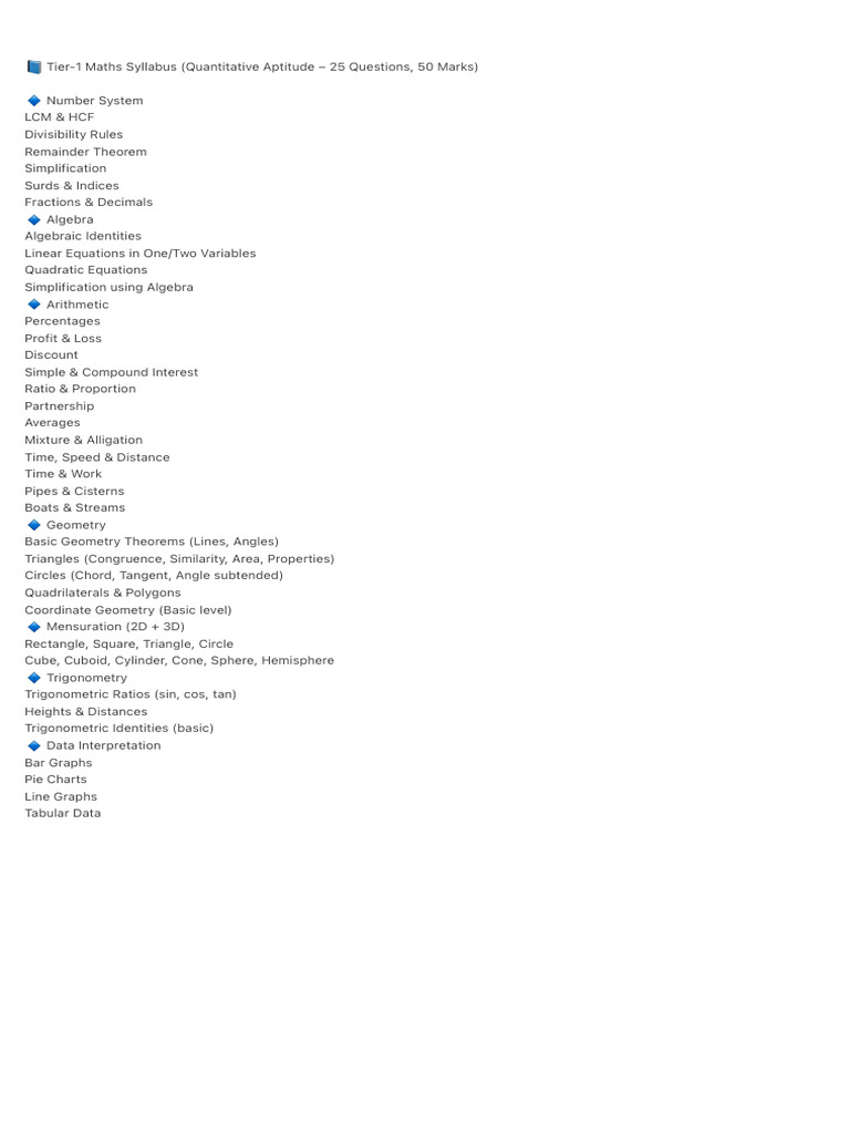 ? Tier 1 Maths Syllabus Quantitative Aptitude - 25 Questions, 50 | PDF